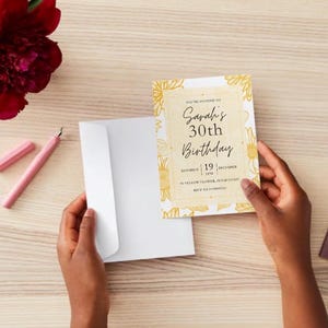 YELLOW FLORAL BIRTHDAY Party Invitation - Editable Elegant Flower ...