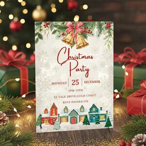 Elegant Christmas Party Invitation: Bells and Snowflakes (digital ...