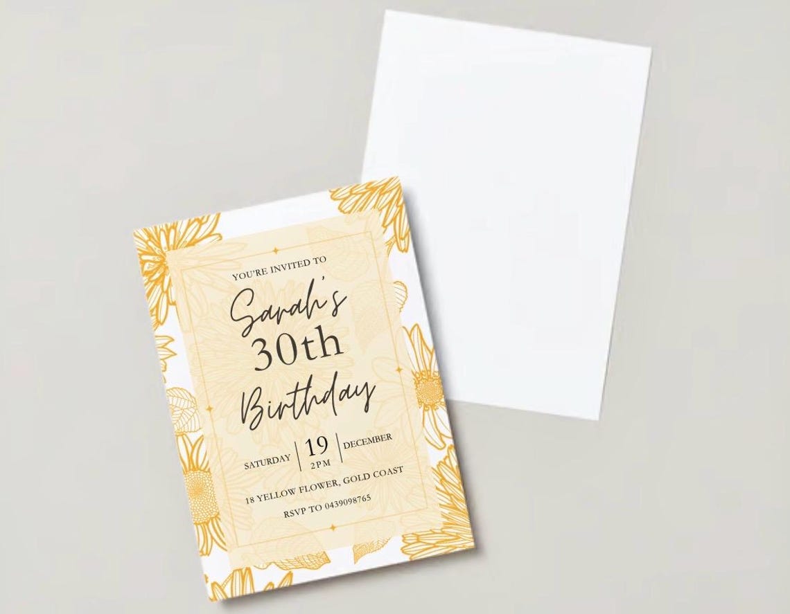 YELLOW FLORAL BIRTHDAY Party Invitation - Editable Elegant Flower ...
