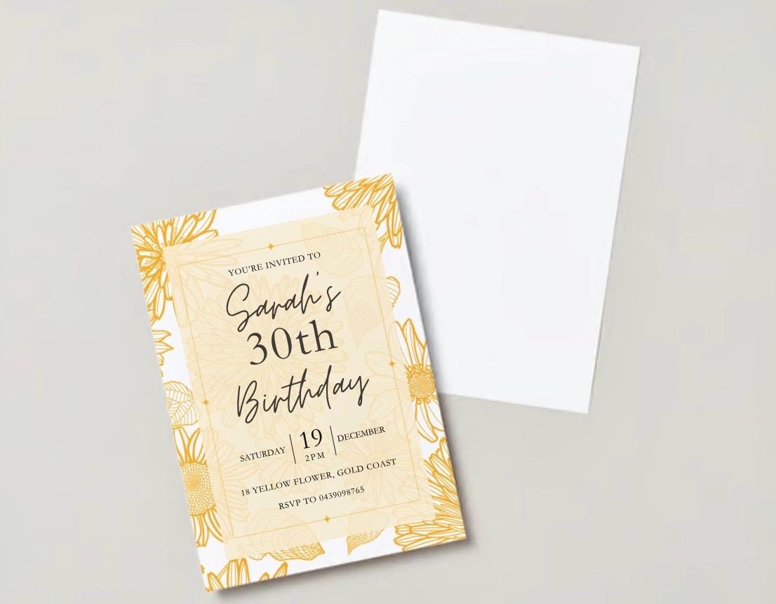 YELLOW FLORAL BIRTHDAY Party Invitation - Editable Elegant Flower ...