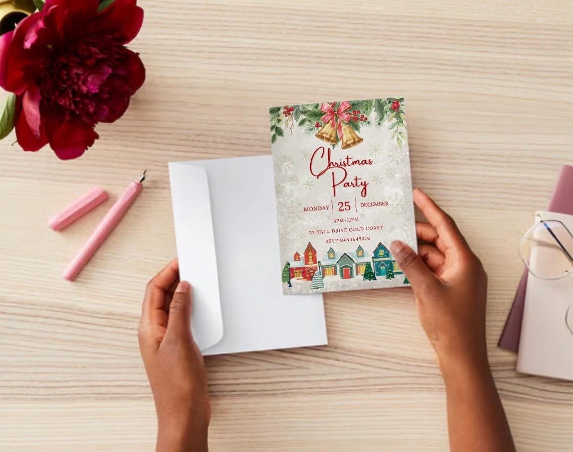 Elegant Christmas Party Invitation: Bells and Snowflakes (digital ...