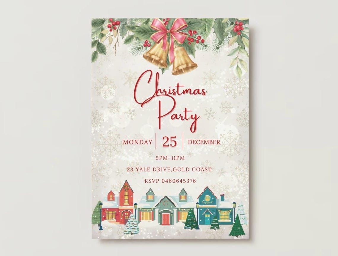 Elegant Christmas Party Invitation: Bells and Snowflakes (digital ...