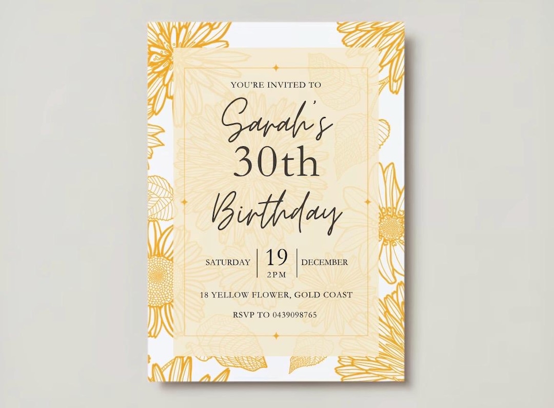 YELLOW FLORAL BIRTHDAY Party Invitation - Editable Elegant Flower ...