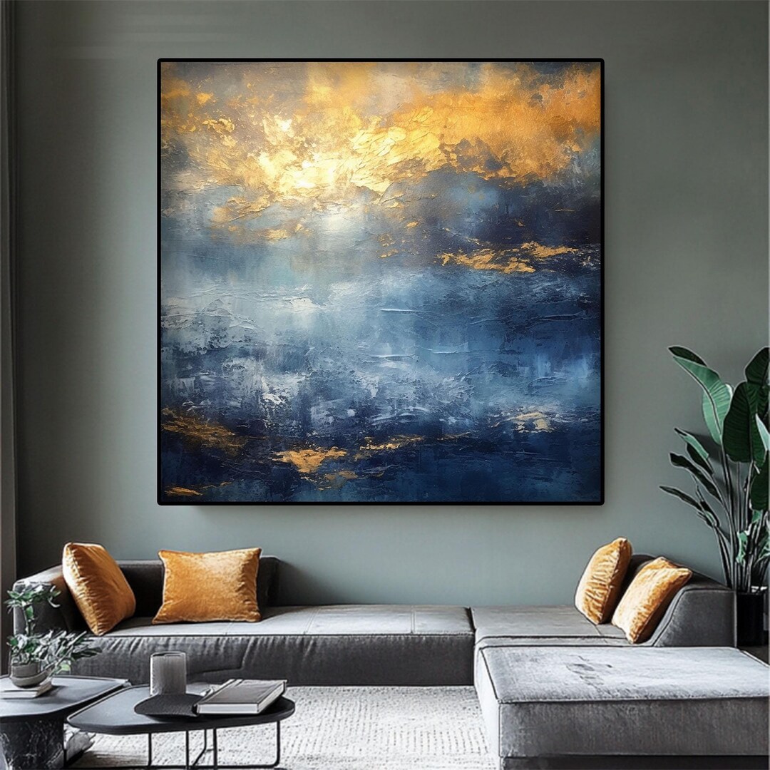 Beige, Gold, Navy Blue, Sea, 100% Hand Painted, Textured Painting ...