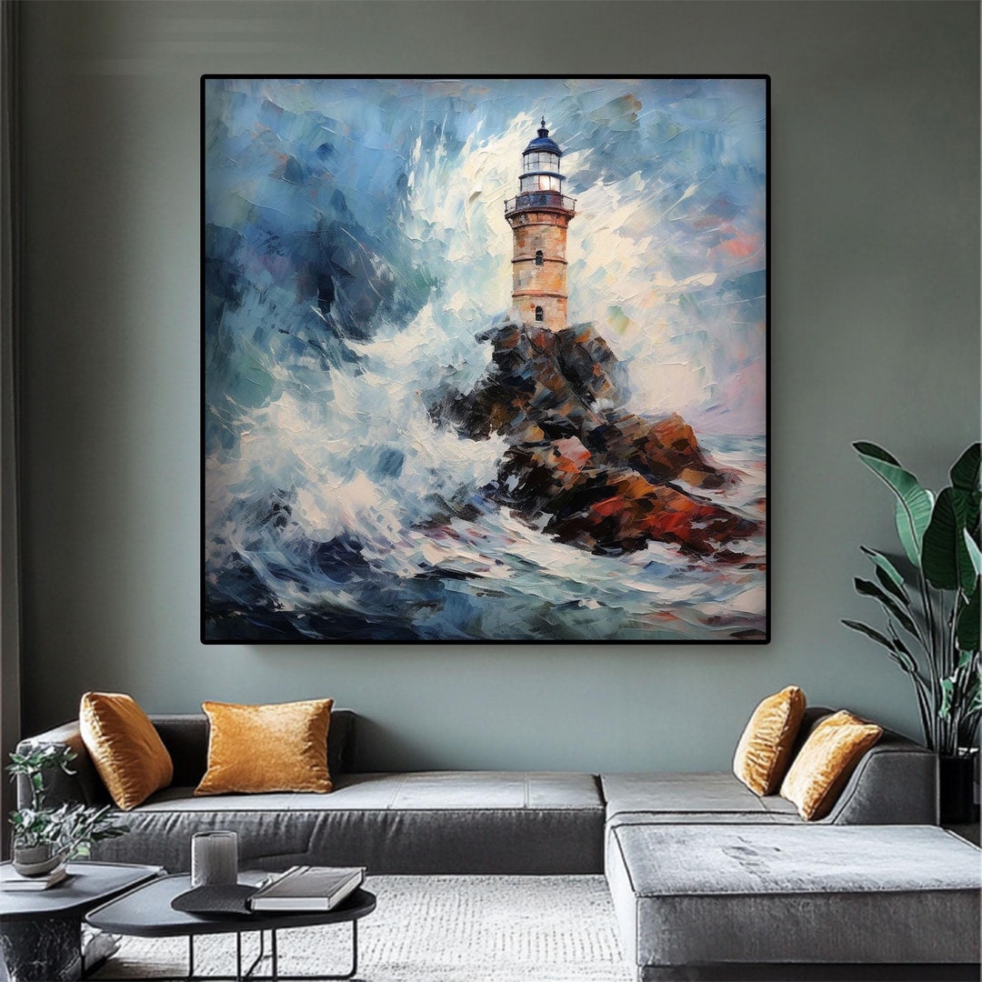 Original Lighthouse Oil Painting Ocean Wave Canvas Texture Wall Art ...