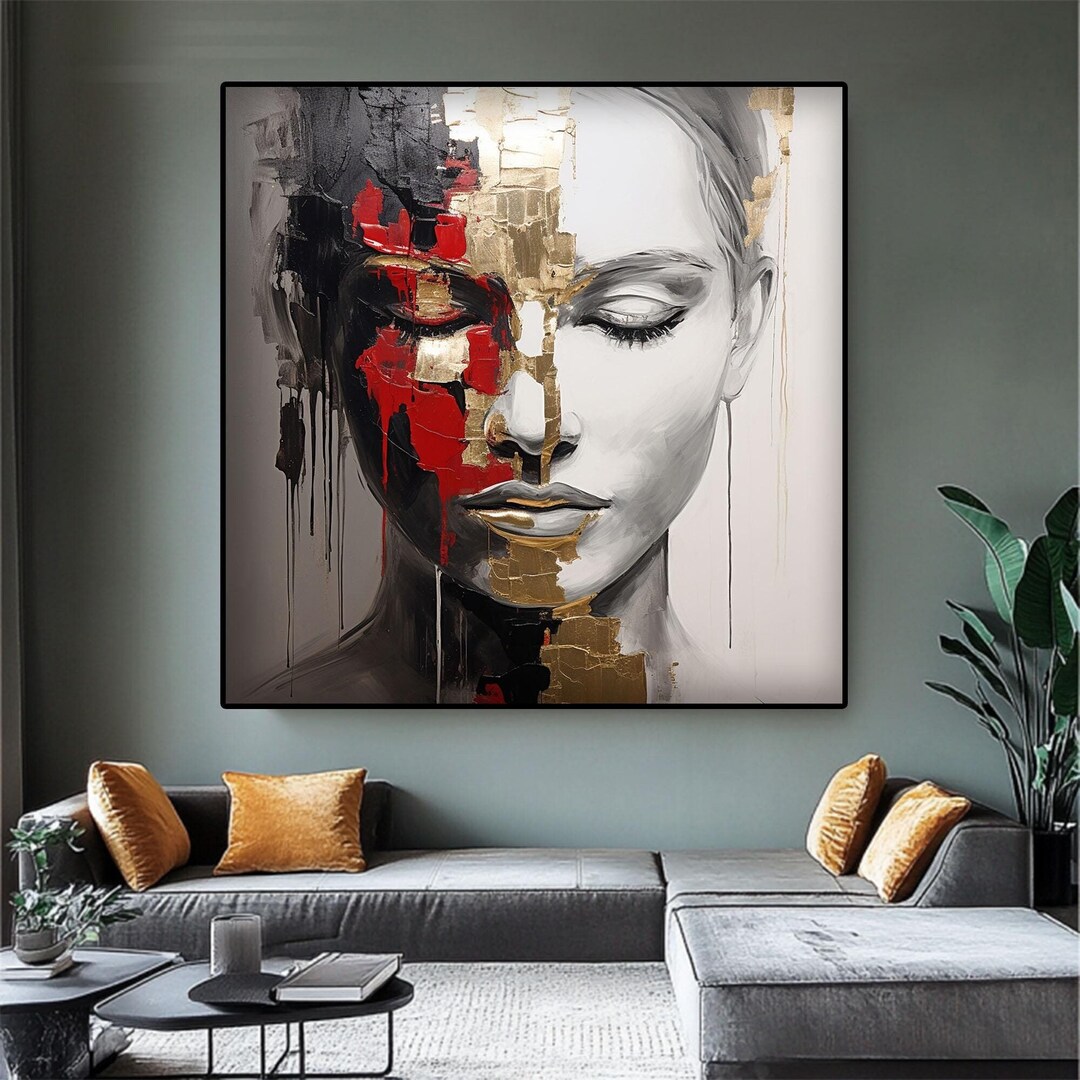 Handmade Abstract Portrait Painting: Red, Black, Gold Woman Face - Etsy