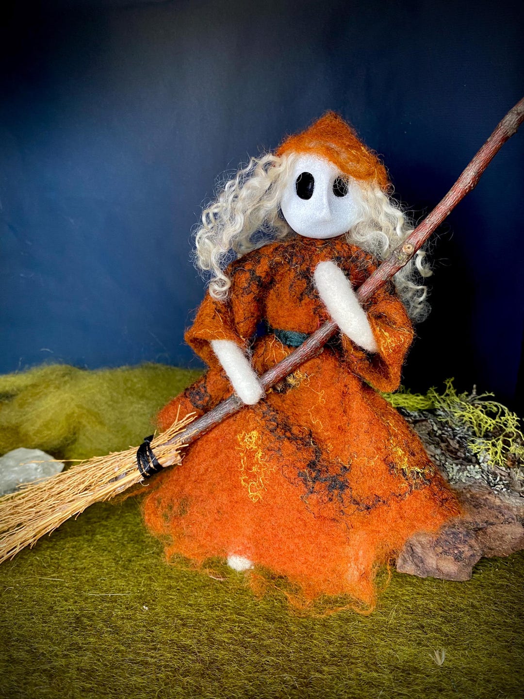 Felted Posable Witch Doll With Broom, Orange, Blonde Hair, Goth ...