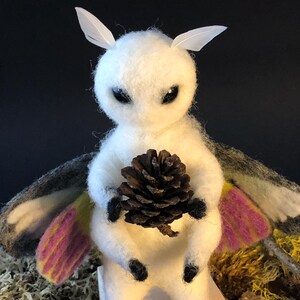 6" Felted Posable Moth Doll White Flower Pattern Wings Wire Frame ...