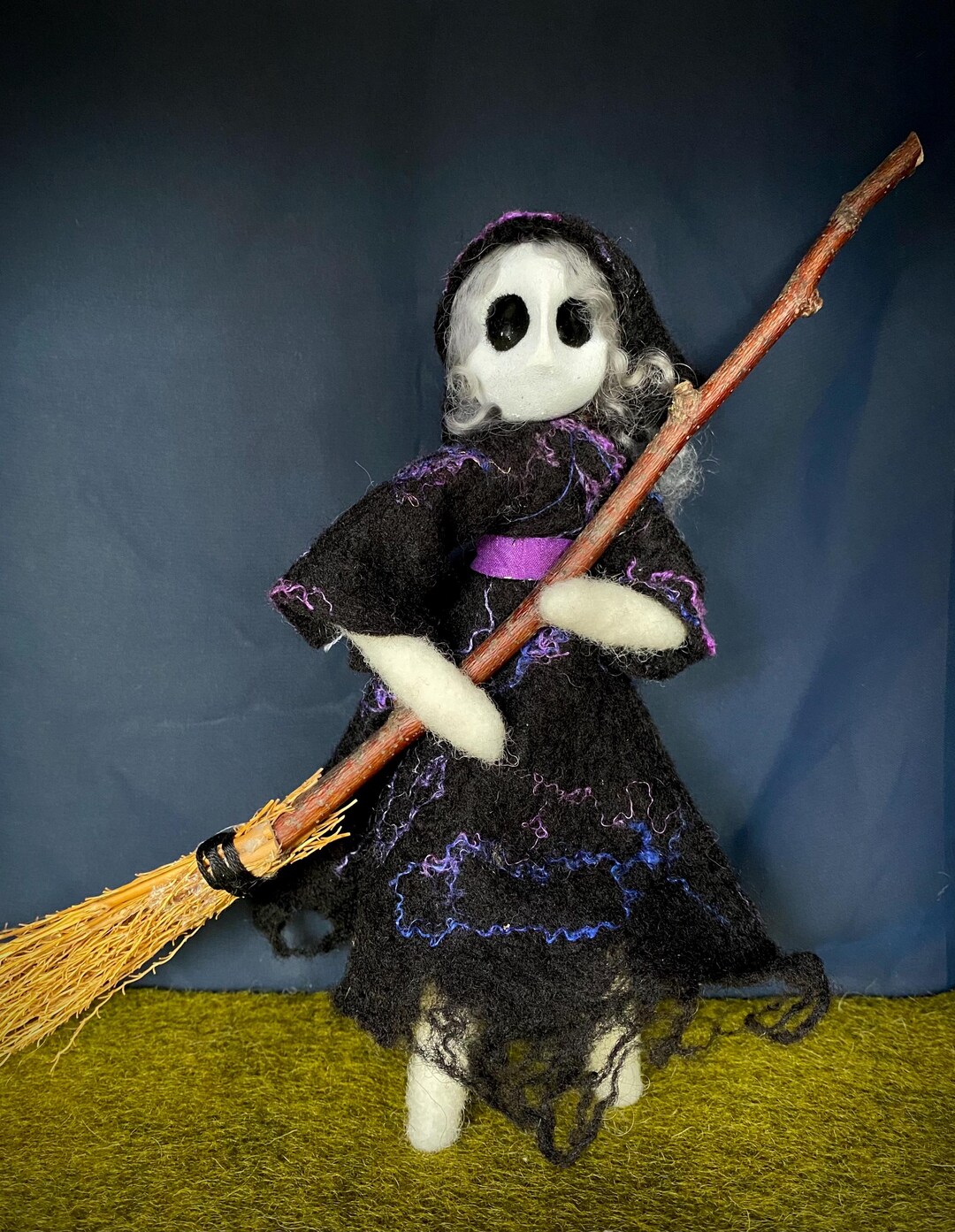 Felted Witch Doll Fully Posable Includes Broom Black Purple Grey Hair ...