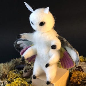 6" Felted Posable Moth Doll White Flower Pattern Wings Wire Frame ...