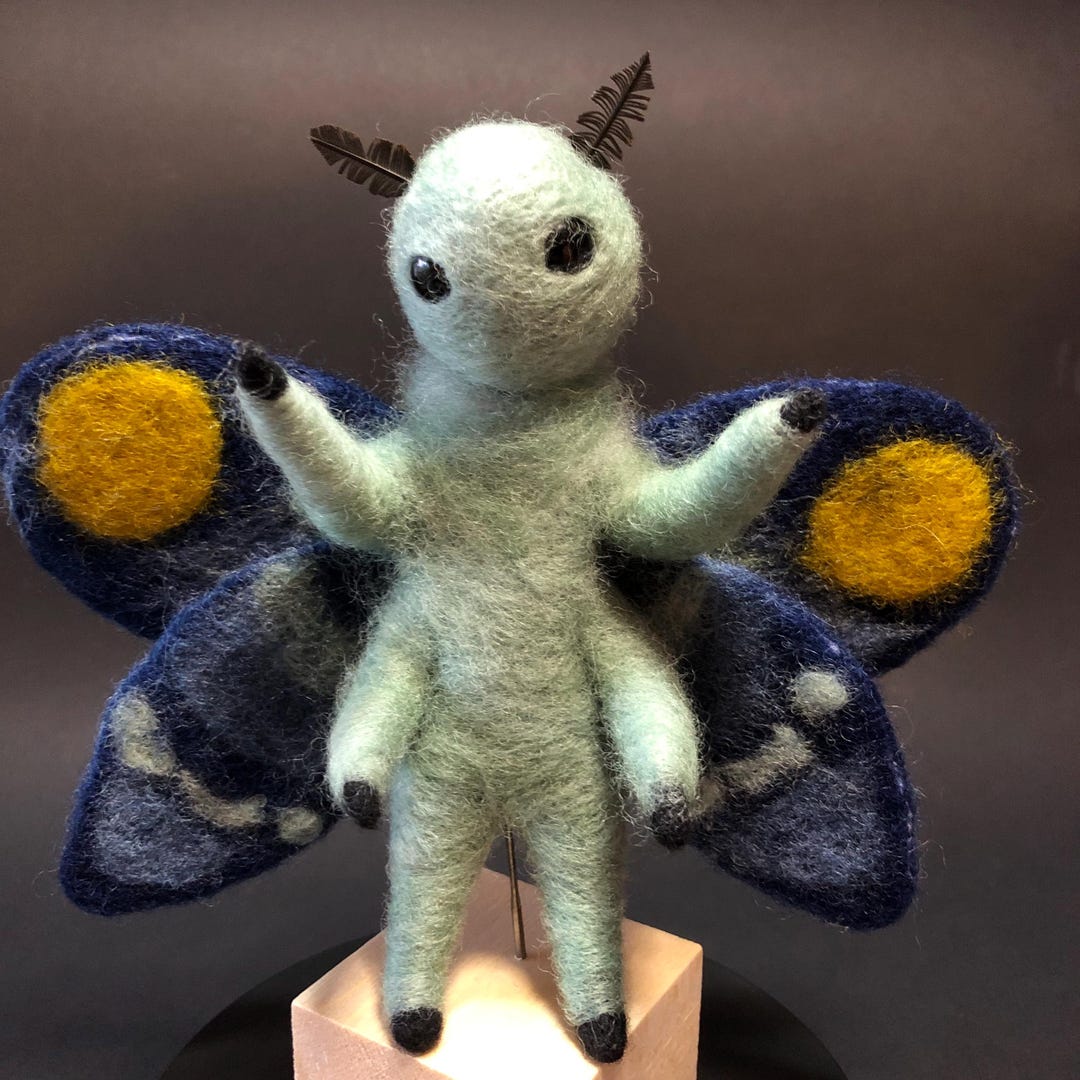 6" Needle Felted Posable Moth Doll Blue Starry Night Yellow Moon Wire ...