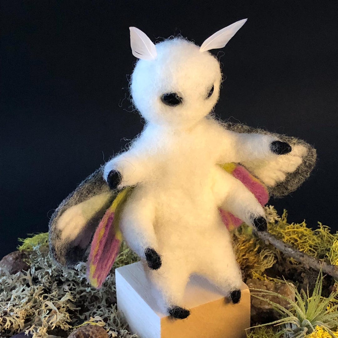 6" Felted Posable Moth Doll White Flower Pattern Wings Wire Frame ...