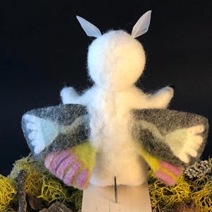 6" Felted Posable Moth Doll White Flower Pattern Wings Wire Frame ...