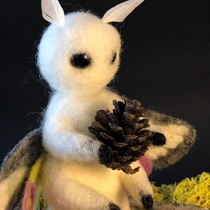 6" Felted Posable Moth Doll White Flower Pattern Wings Wire Frame ...