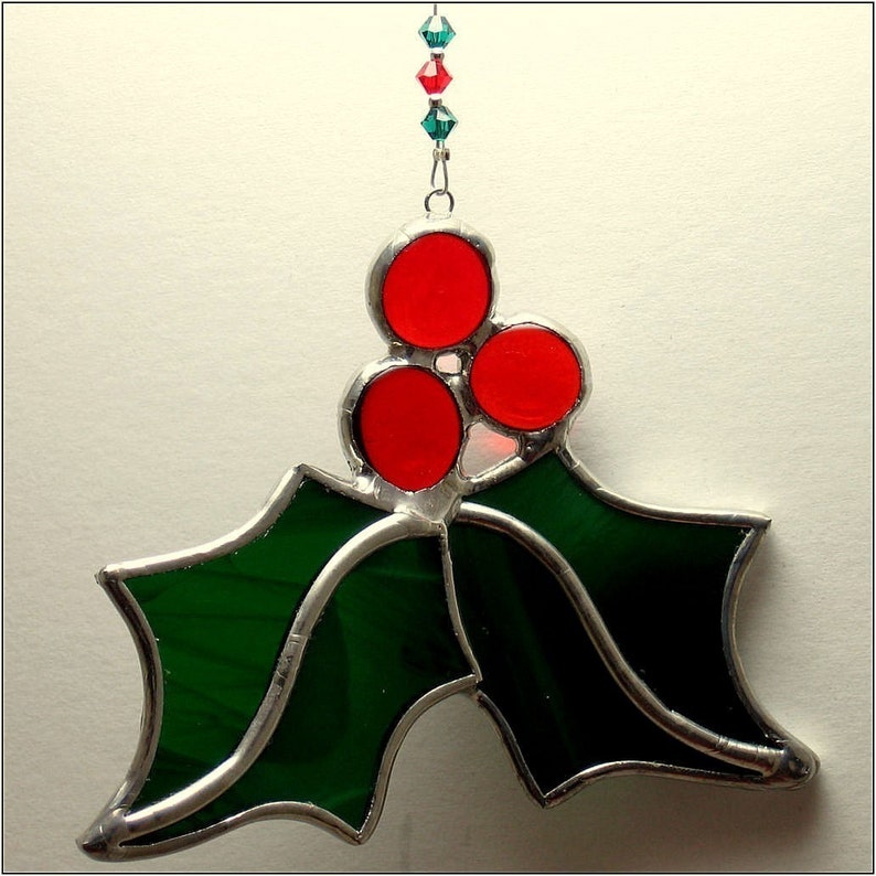 Small Holly Berry 3 D Stained Glass Suncatcher Christmas Tree Etsy