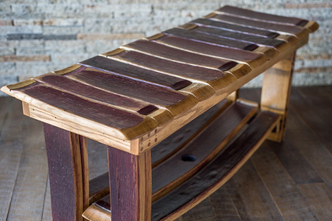 Wine Barrel Bench With Storage Shelf - Etsy Canada