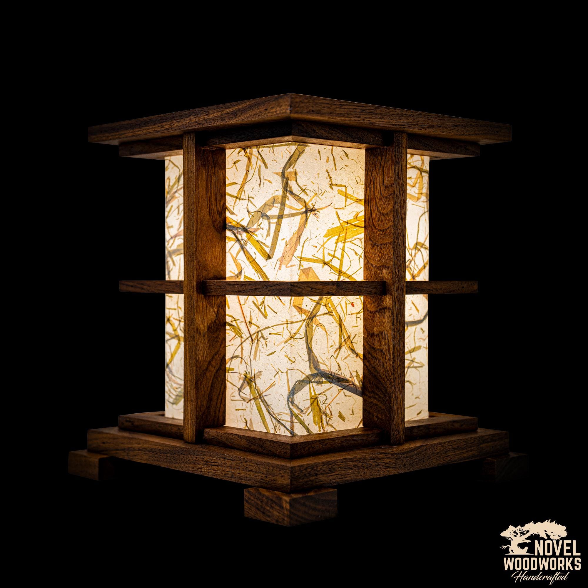 Handcrafted Wooden Table Lamp Asian Inspired Walnut Wood Paper Shoji ...