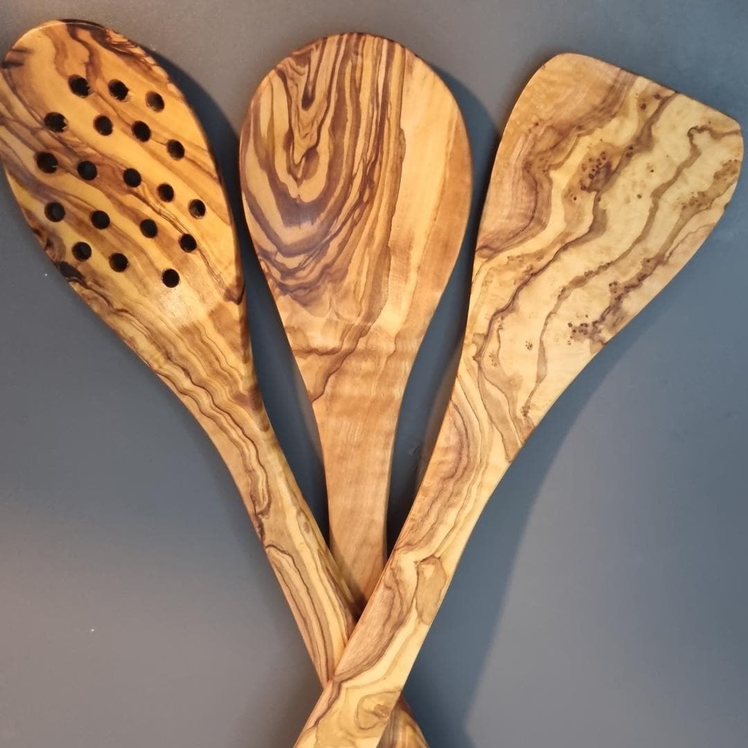 Olive Wood Kitchen Utensils Set of 3: Cooking Spoon, Spatula, Slotted ...
