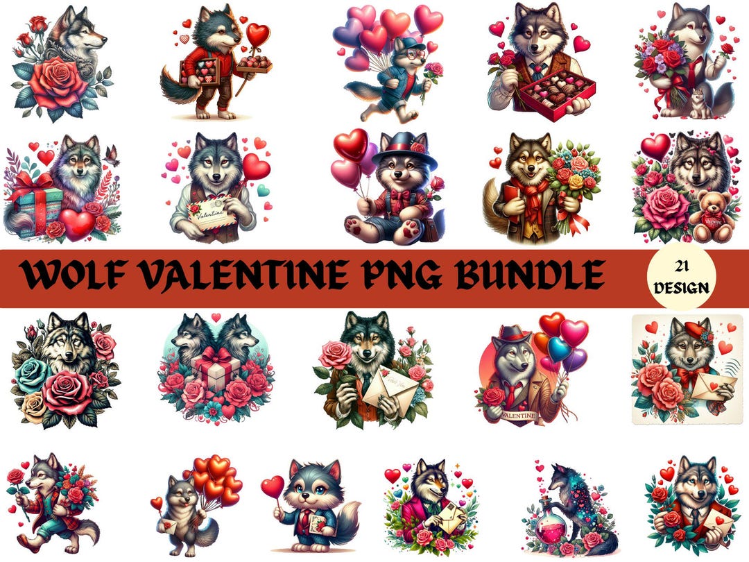 Wolf Valentine PNG Bundle: Romantic Wolf Clipart, Love Animals Designs ...