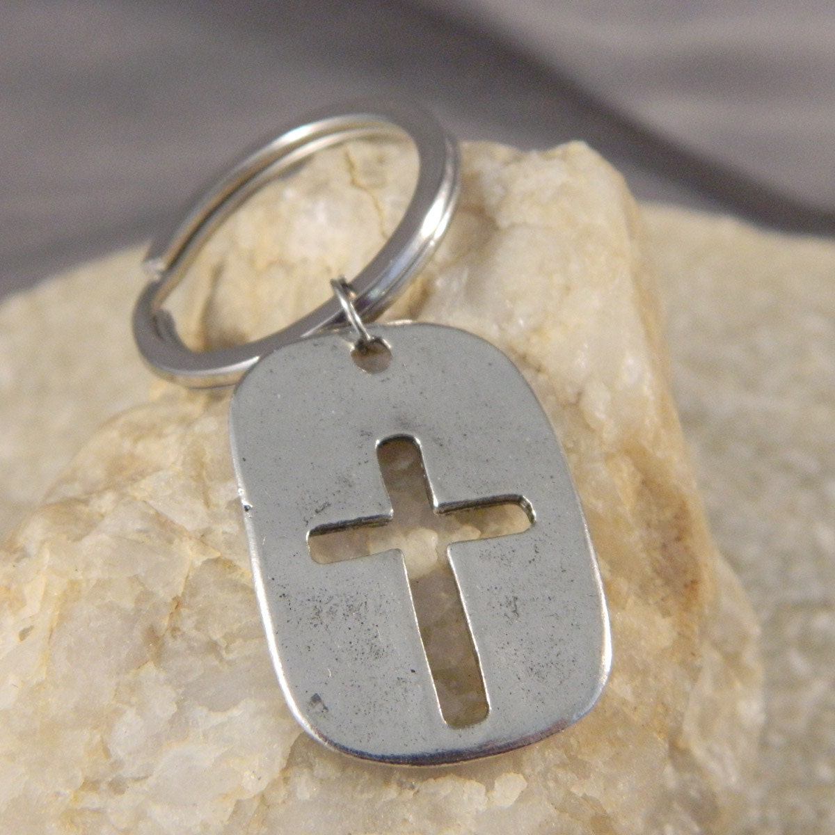 Pewter Rectangle Cross Keychain | Etsy