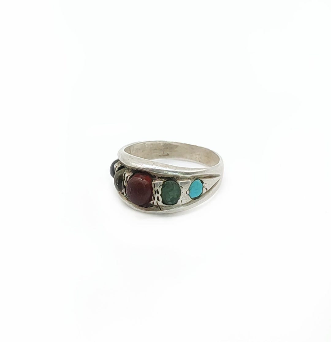 Old Multi-stone Silver Ring Afghanistan, Onyx, Garnet, Jade, Emerald ...