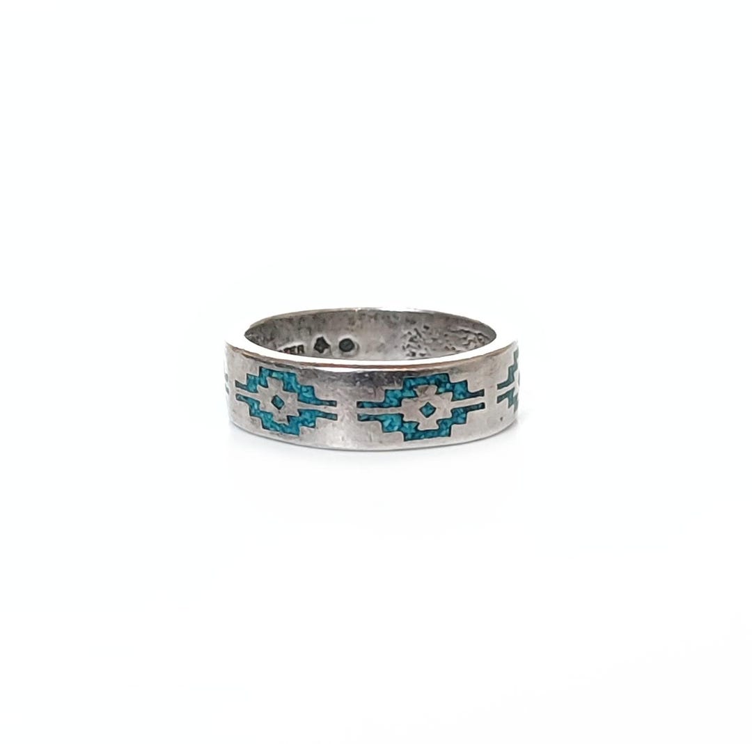 Vintage Silver Turquoise Inlay Ring, Harpo Rug Pattern Band Ring ...