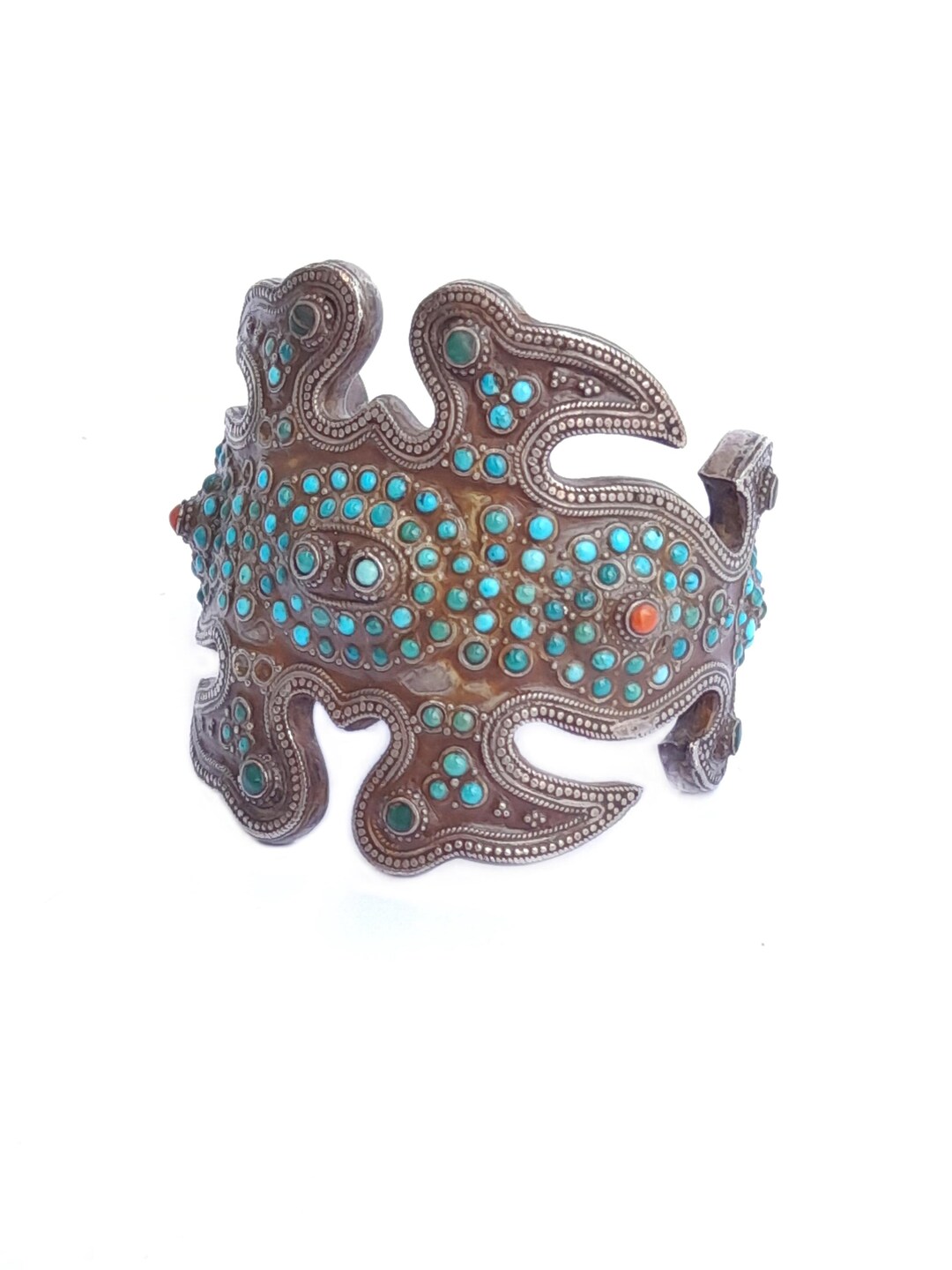 Antique Bukhara Bracelet Uzbek Large Cuff Silver, Coral, Turquoise ...