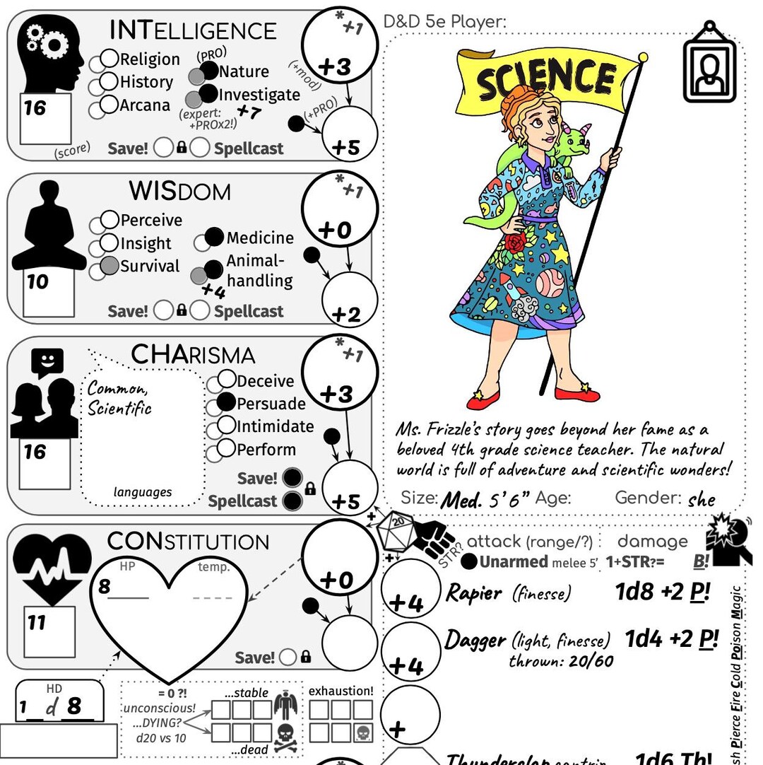 Ms Frizzle D&D Character Levels 1-8 play Sheet Links Icons Layout Print ...