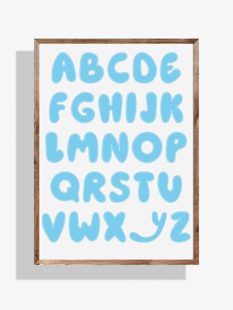 Blue Bubble Letter Alphabet Poster Whimsical Wall Art Kids Educational ...