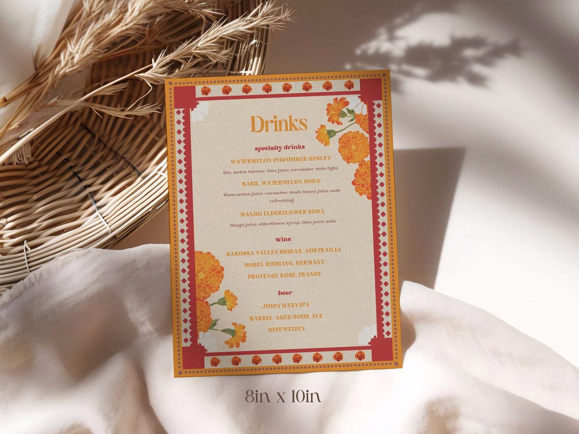 Retro Marigold Floral Drink Menu, Bridal Shower Menu, the Bar Drinks ...