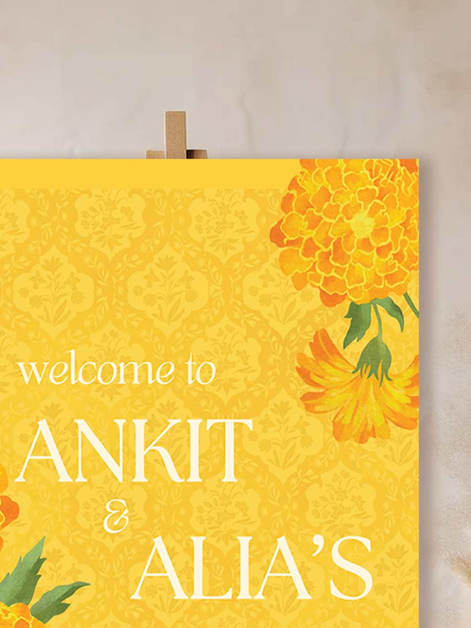 Yellow Floral Marigold Wedding Welcome Sign, Engagement Sign, Indian ...