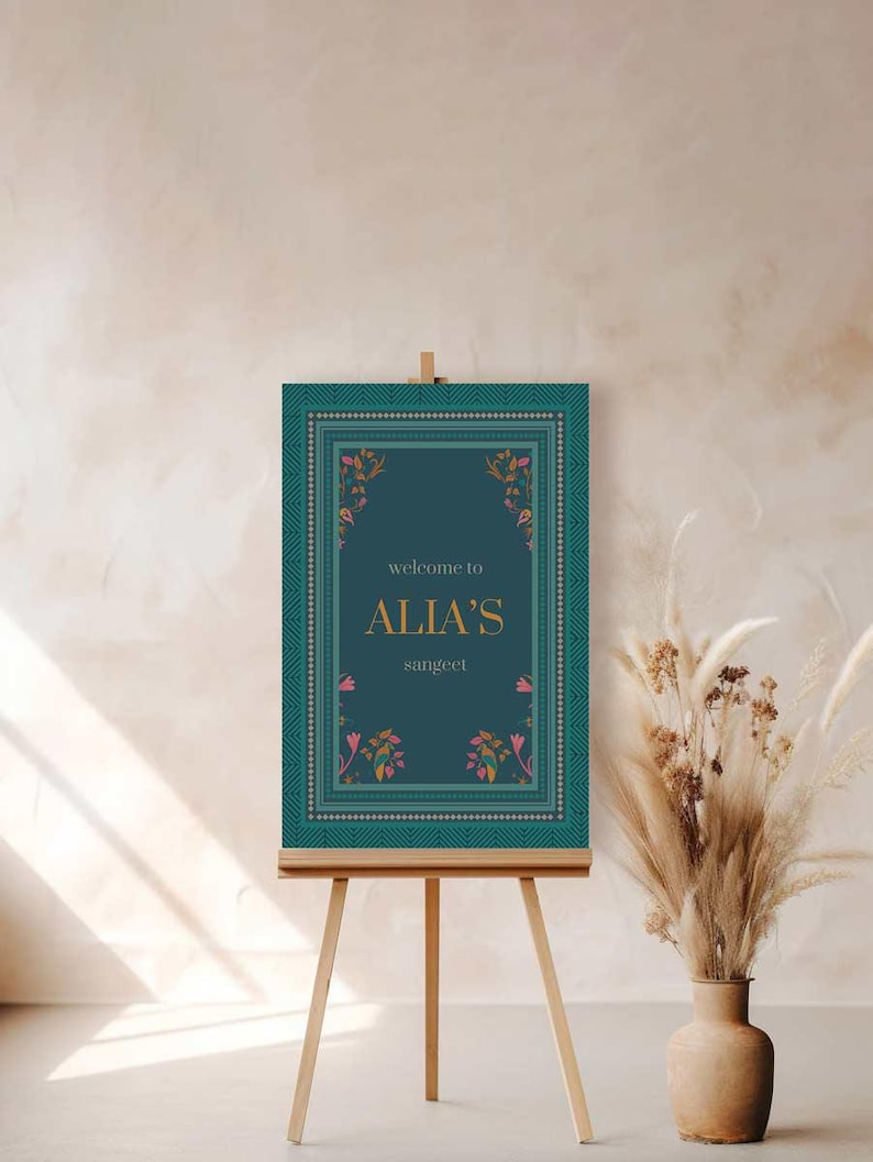 Teal Chevron Floral Welcome Sign, Modern Design, Indian Wedding Sign ...
