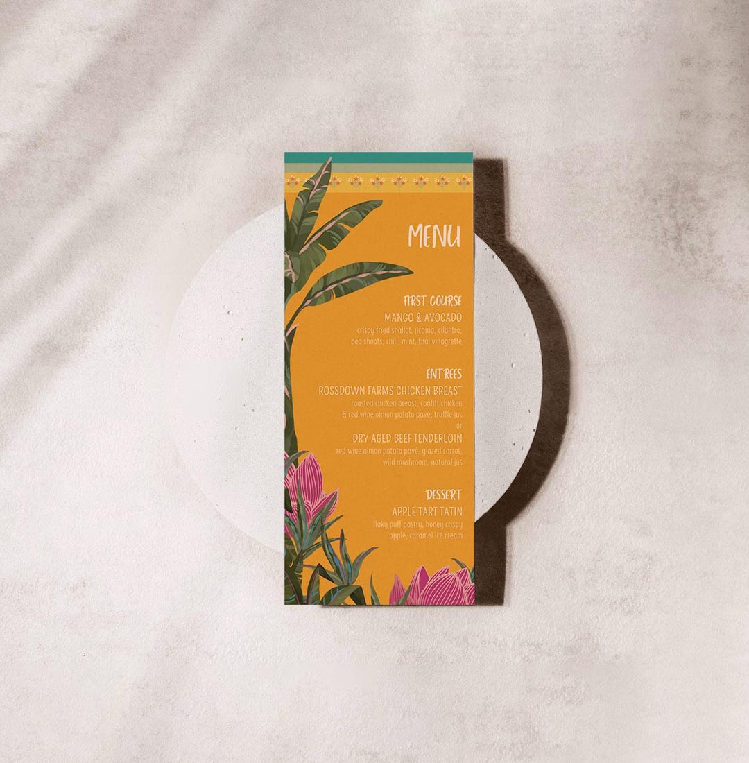 Modern Tropical Jungle Menu Card, Bridal Shower Sign, Engagement Menu ...