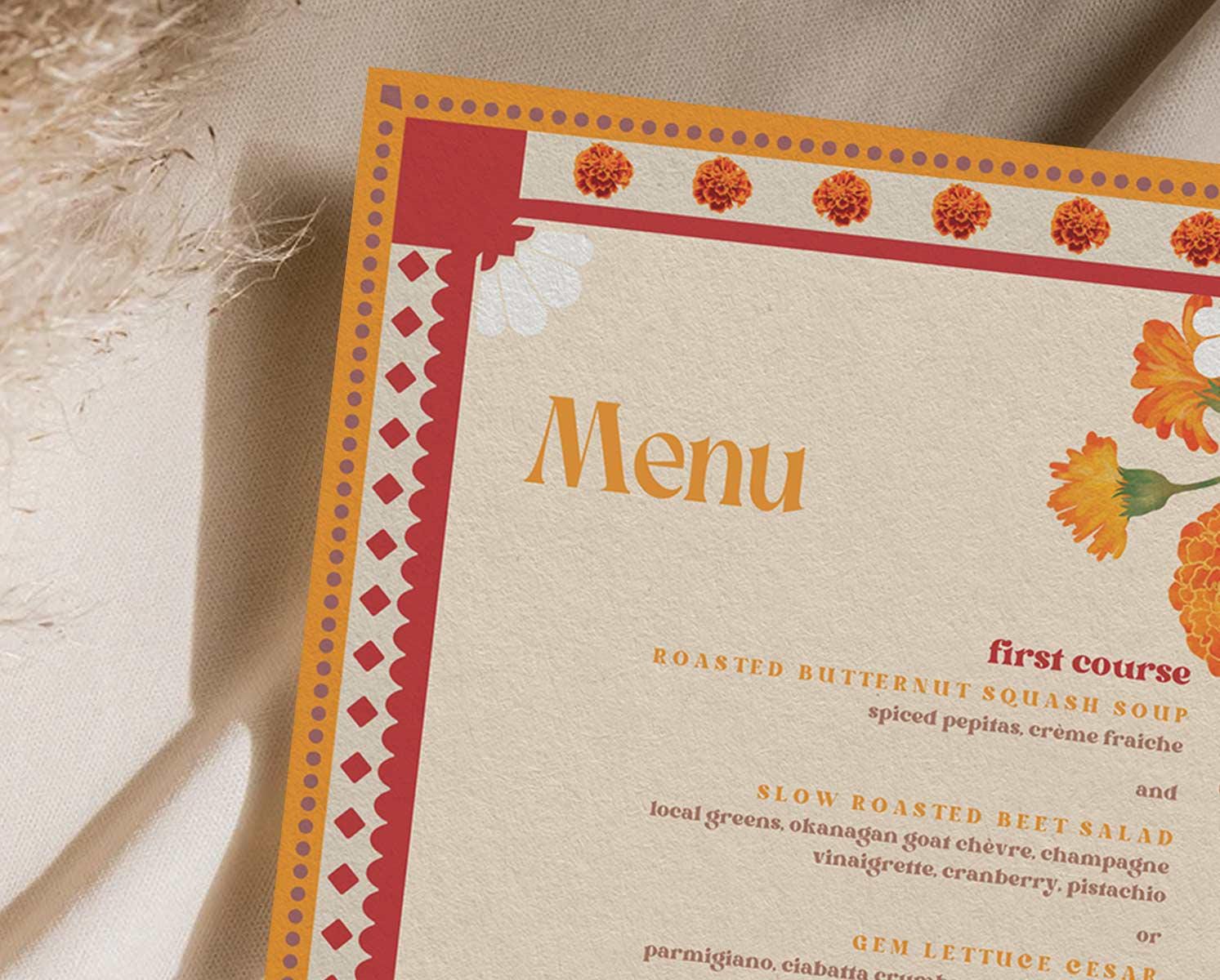 Retro Marigold Floral Menu Card, Bridal Shower Menu, Engagement Menu ...