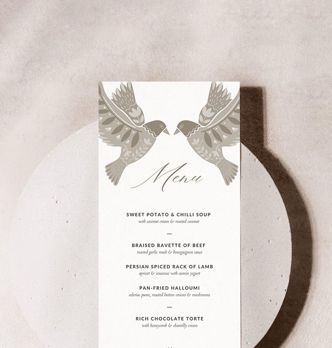 Folk Art Bird Menu, Birthday Menu, Modern Wedding Stationery, Artistic ...