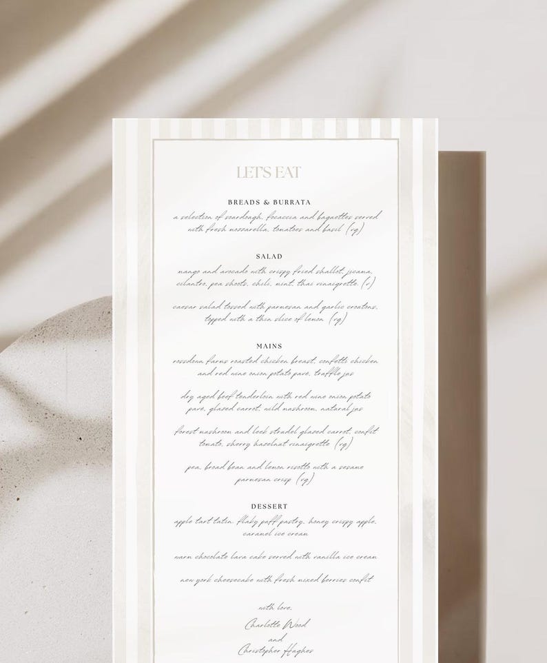 Modern Striped Menu Card, Bridal Shower, Engagement Menu, Wedding Menu ...