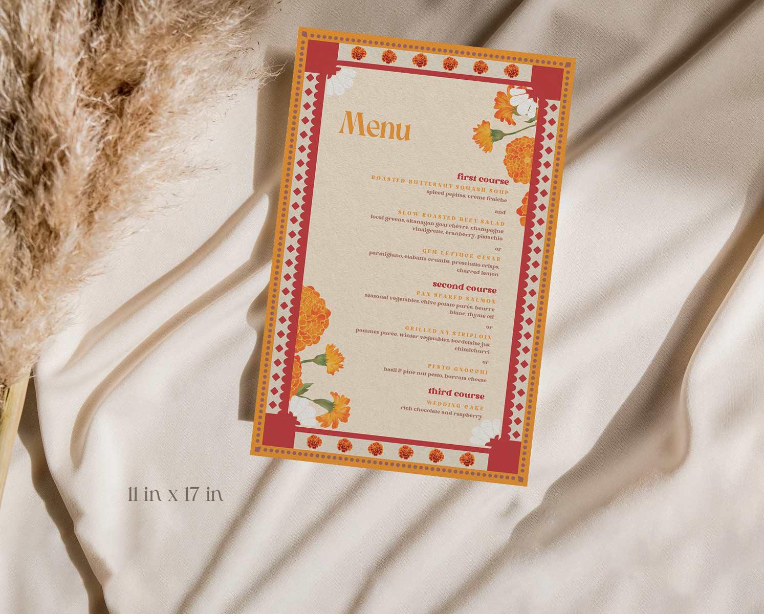 Retro Marigold Floral Menu Card, Bridal Shower Menu, Engagement Menu ...