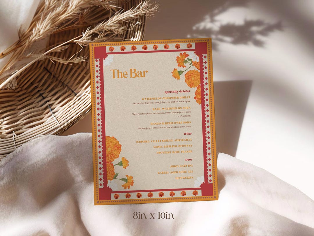 Retro Marigold Floral Drink Menu, Bridal Shower Menu, the Bar Drinks ...
