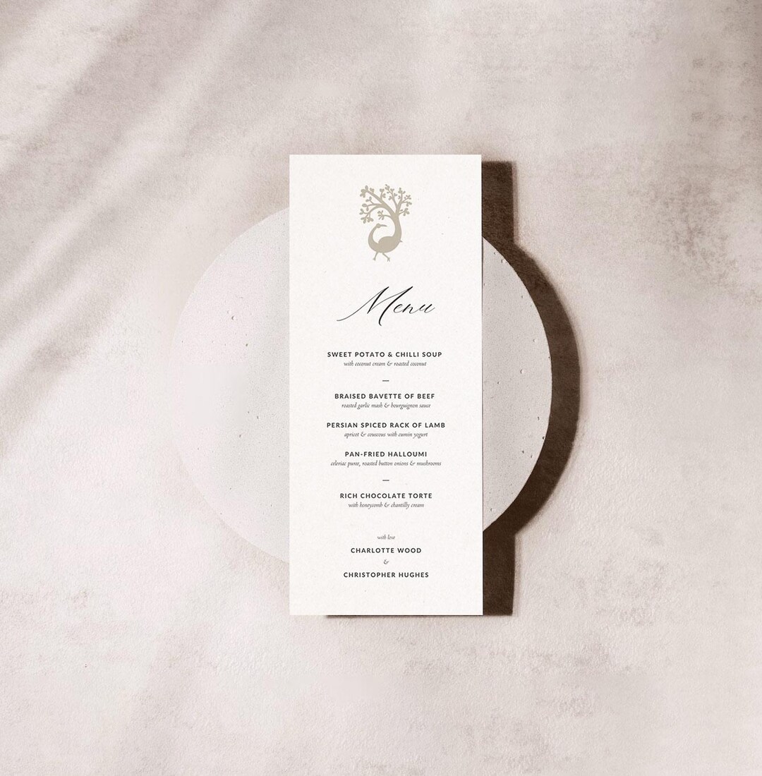 Minimalist Peacock Menu, Birthday Menu, Modern Wedding Stationery ...