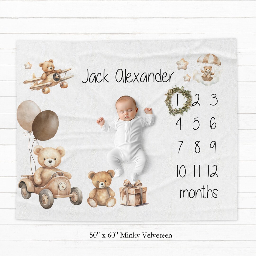 Baby Milestone Watercolor Teddy Monogram Minky Velveteen Plush Blanket ...