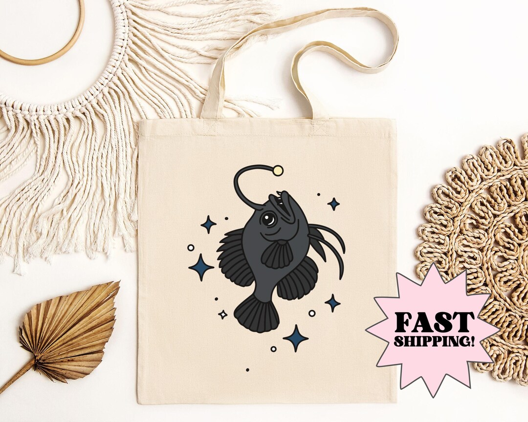 Angler Fish Tote Bag, Cute Anglerfish Canvas Tote, Marine Life Gift ...