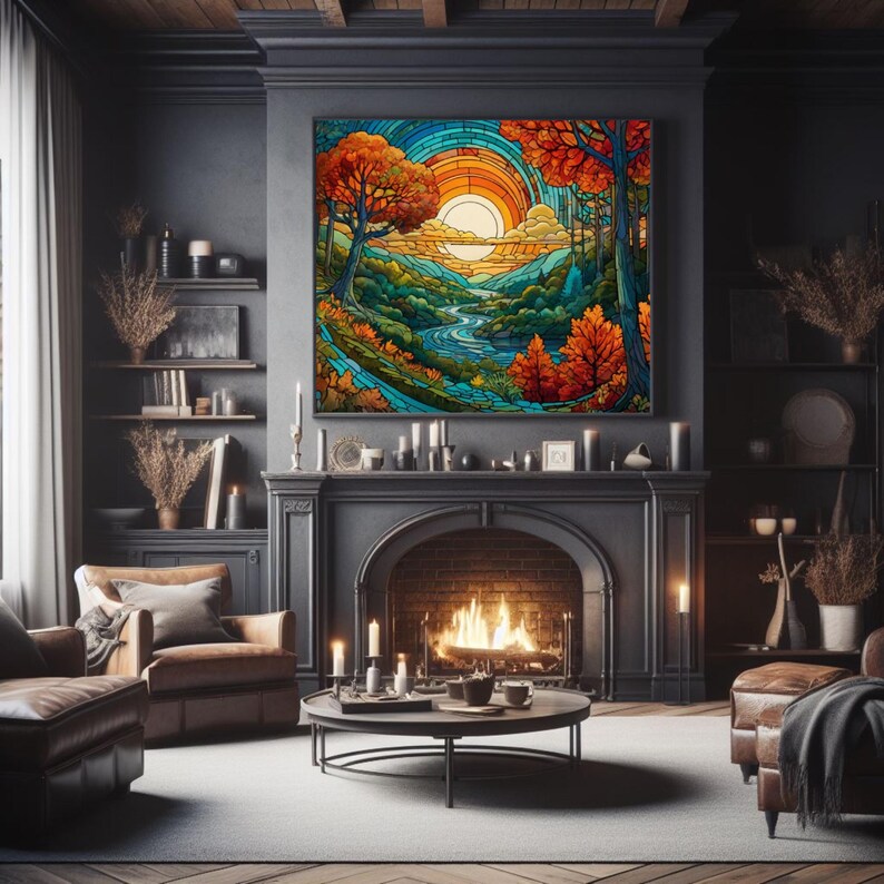 Stained Glass Sunset Forest Wall Art, Vibrant Fall Landscape With River ...