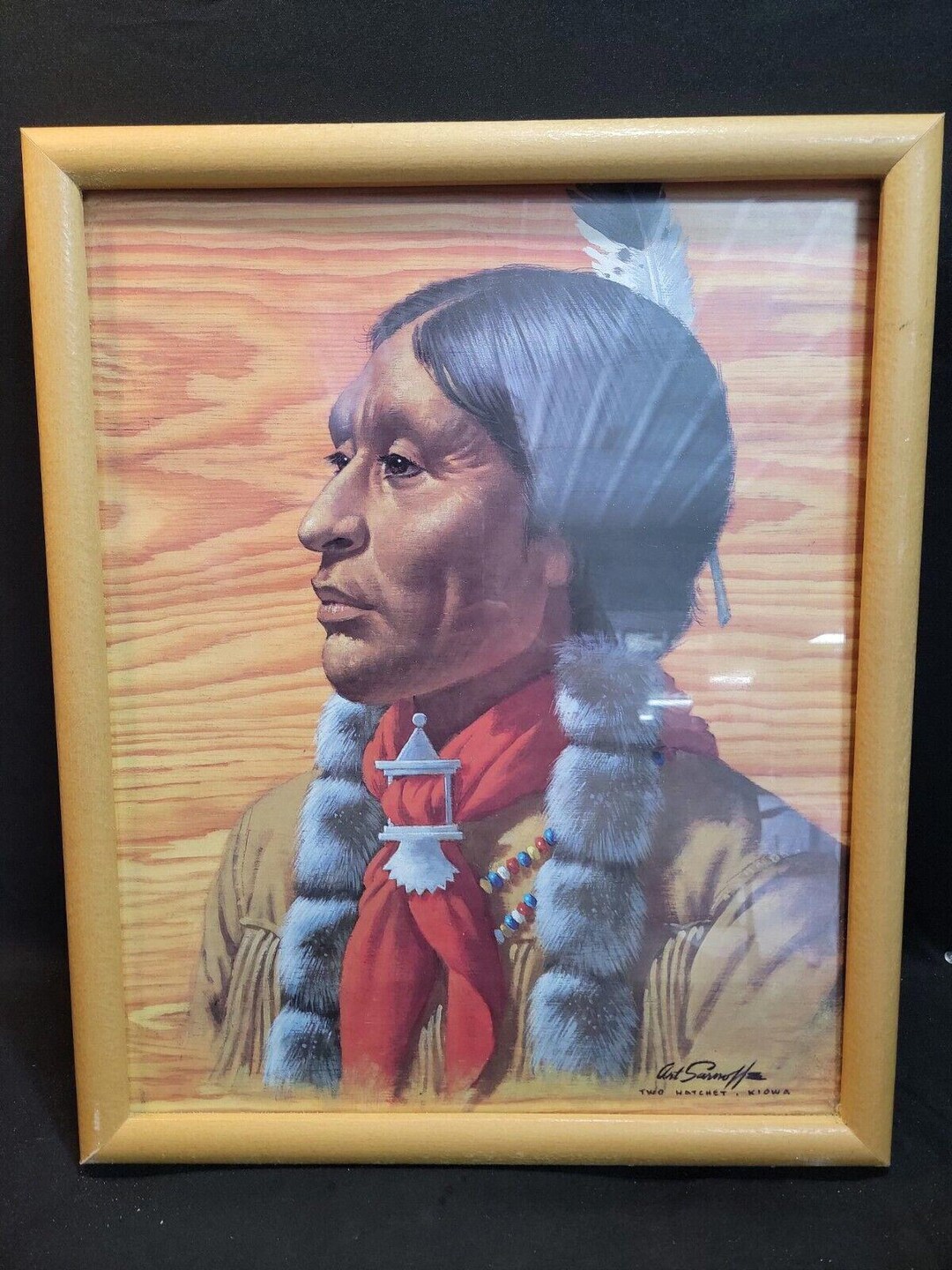 Original Arthur Art Sarnoff Oil on Wood Two Hatchet Kiowa Indian Framed ...