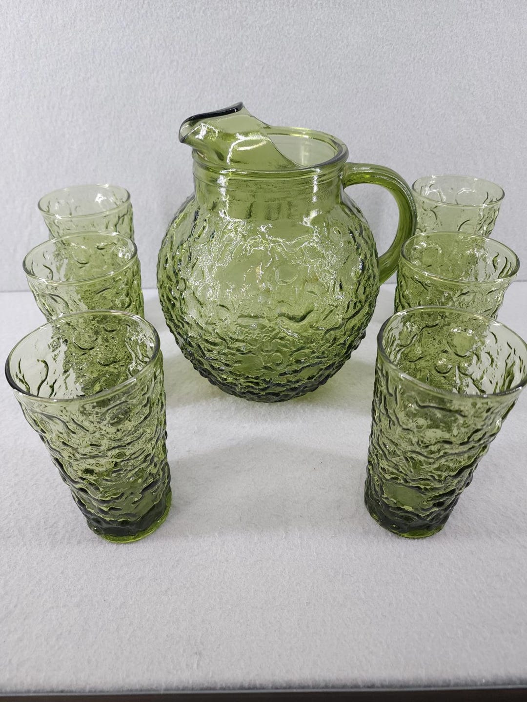 Anchor Hocking Lido Milano Crinkle Glass Pitcher and 6 Glasses Avocado ...