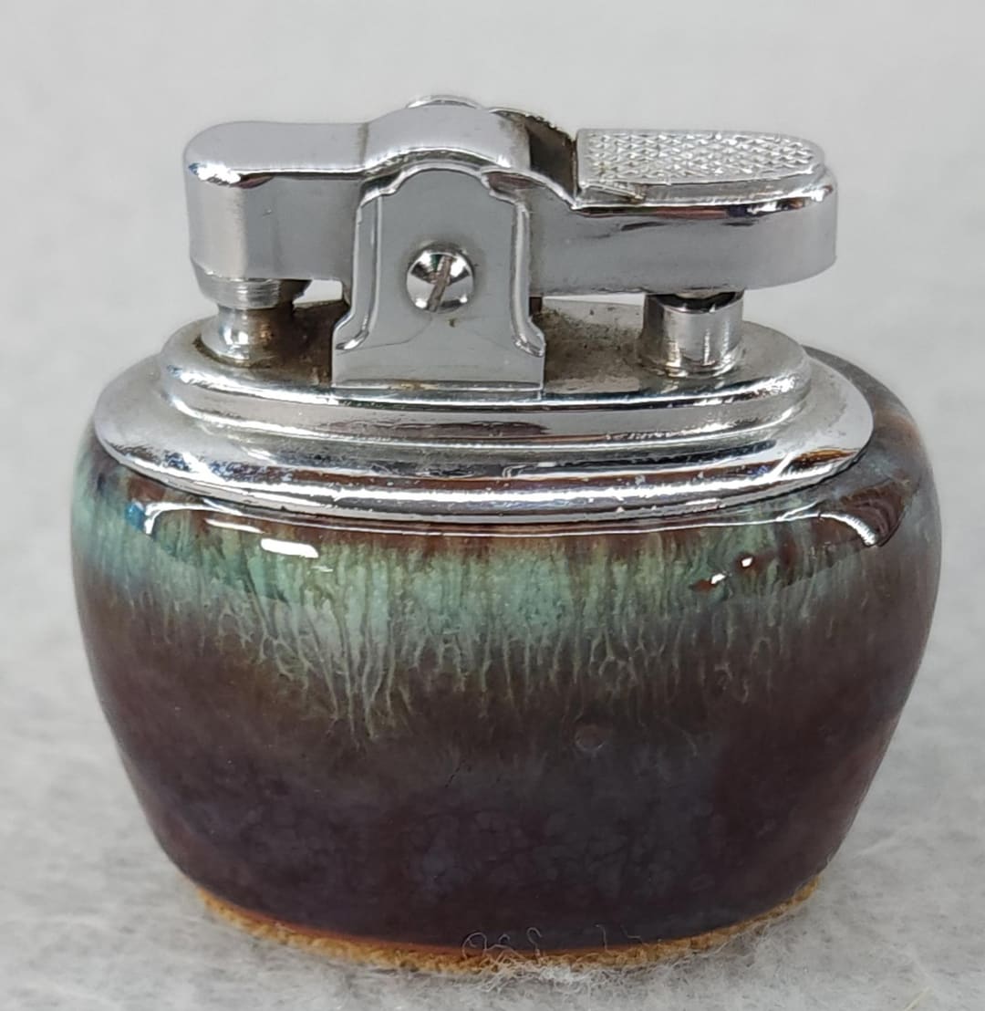 Vintage Japanese Pottery Table Lighter 2 Brown Green Drip Glaze Metal ...