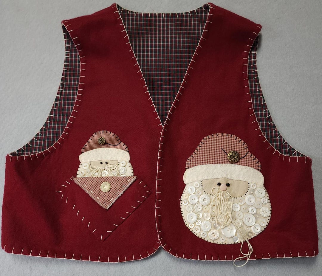 Handmade Christmas Vest Red Felt Santa Button Applique Plaid Lining ...