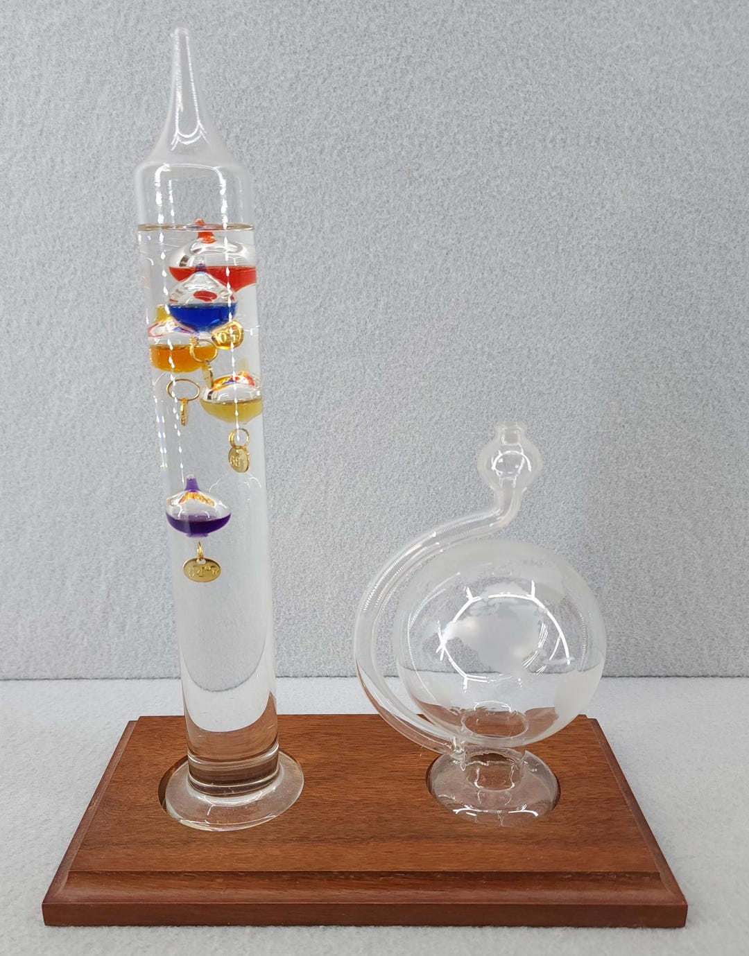 Galileo Thermometer With Glass Globe Hygrometer on Wood Base Unique ...