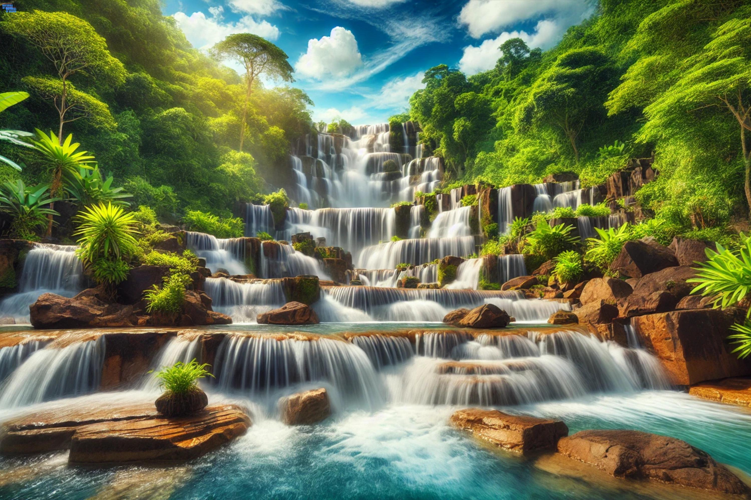 A Scenic Waterfall Cascading Down Multiple Rock Layers, Surrounded by ...