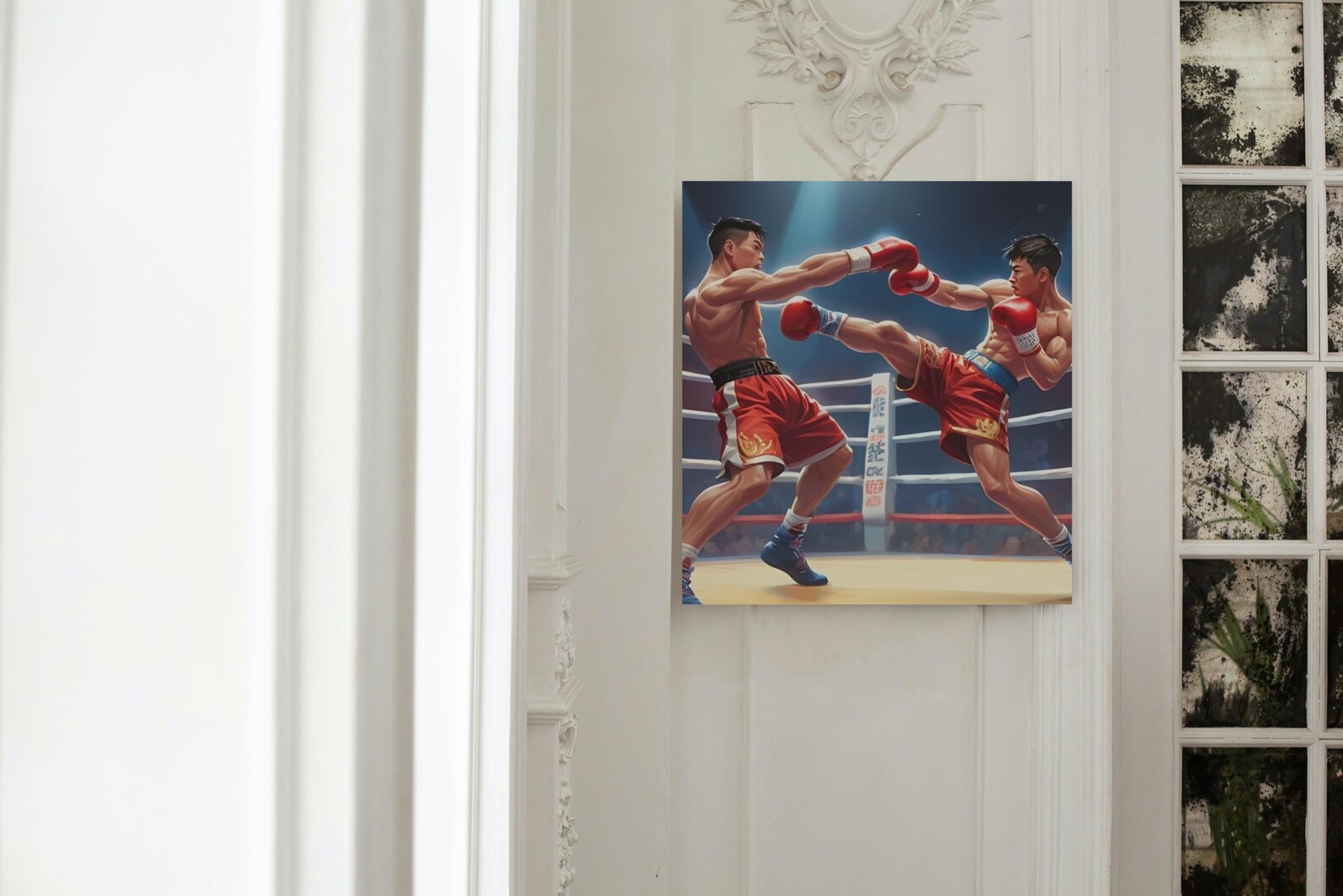 One Fighter is Delivering a Powerful Flying Kick, Dynamic Muay Thai ...