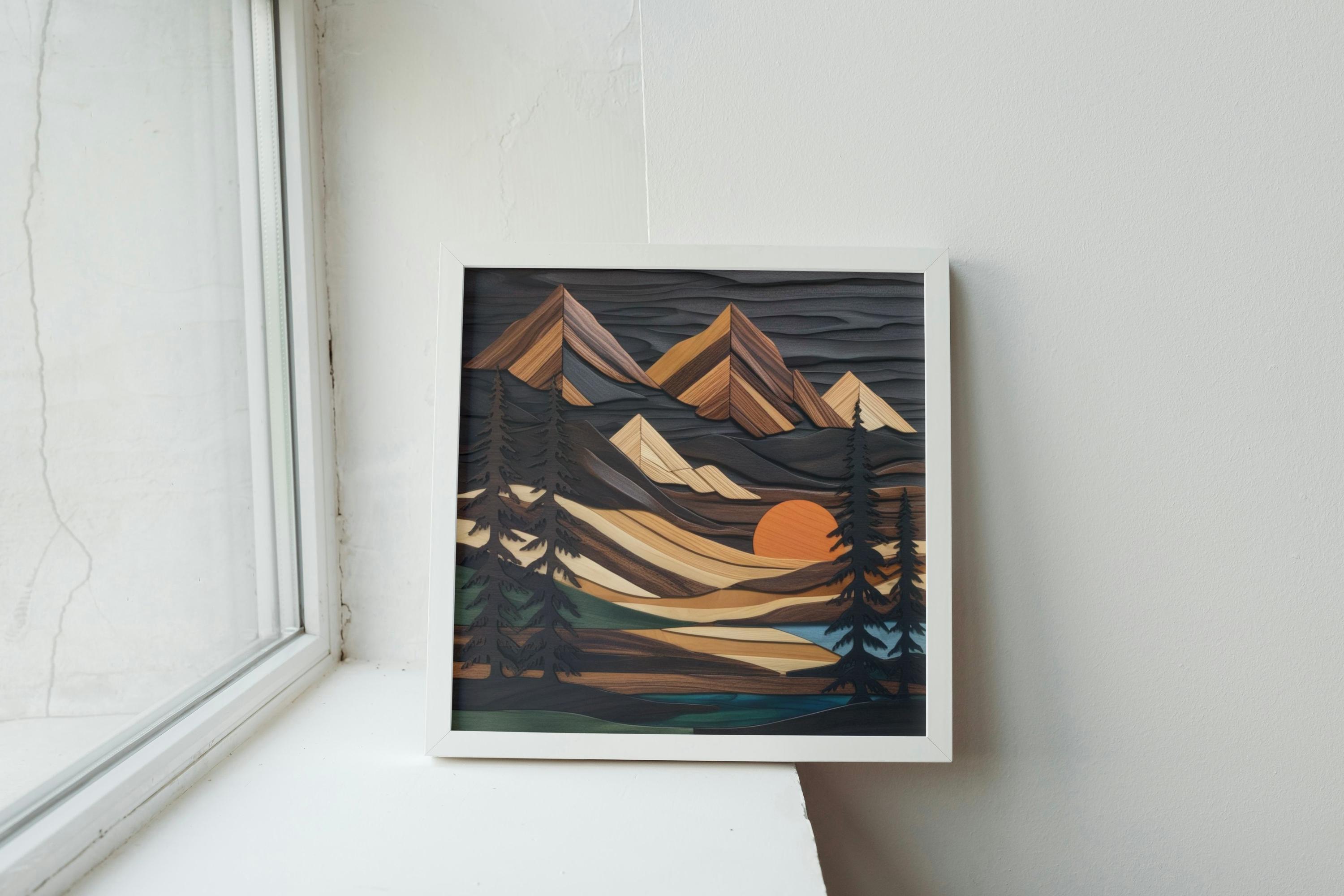 A Handcrafted Wooden Artwork Featuring a Serene Mountain Landscape, and ...